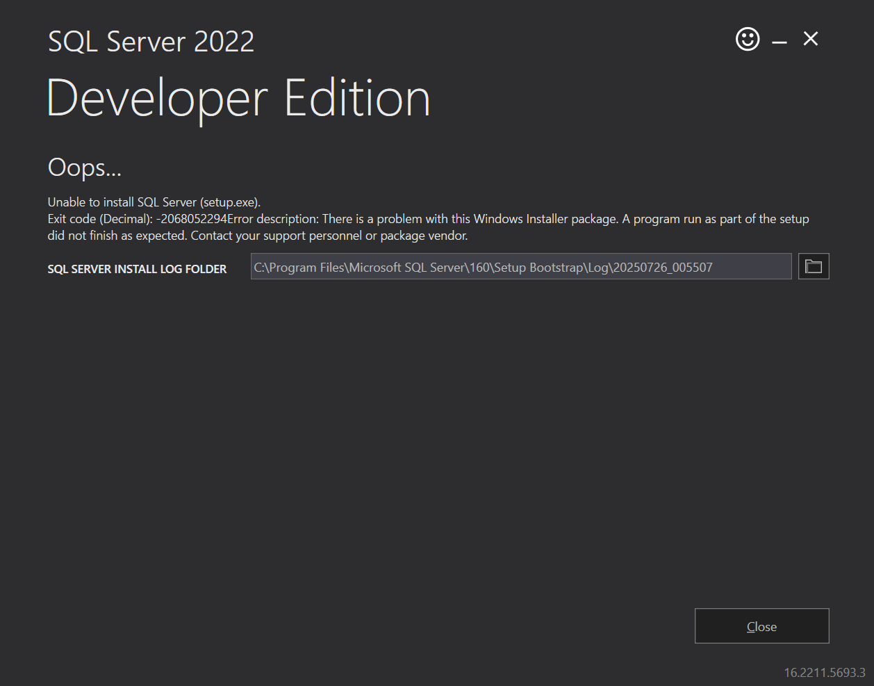 Unable to install SQL Server 2022 Developer. Error code : 2068052294 - Microsoft Q&A
