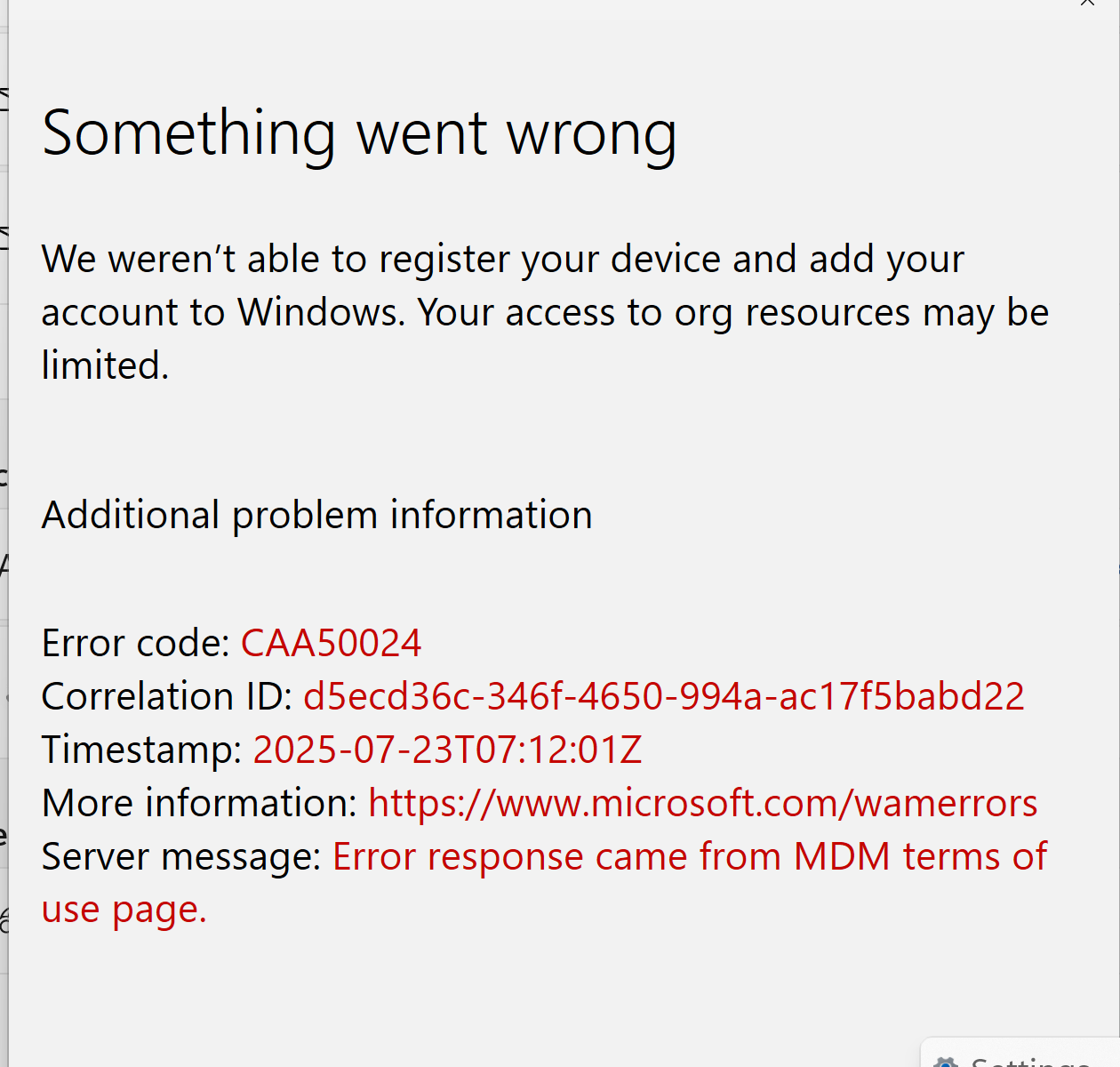 Error response came from MDM terms of use page - Microsoft Q&A