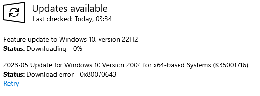 Windows Update Error 0x80070643 - Microsoft Q&A