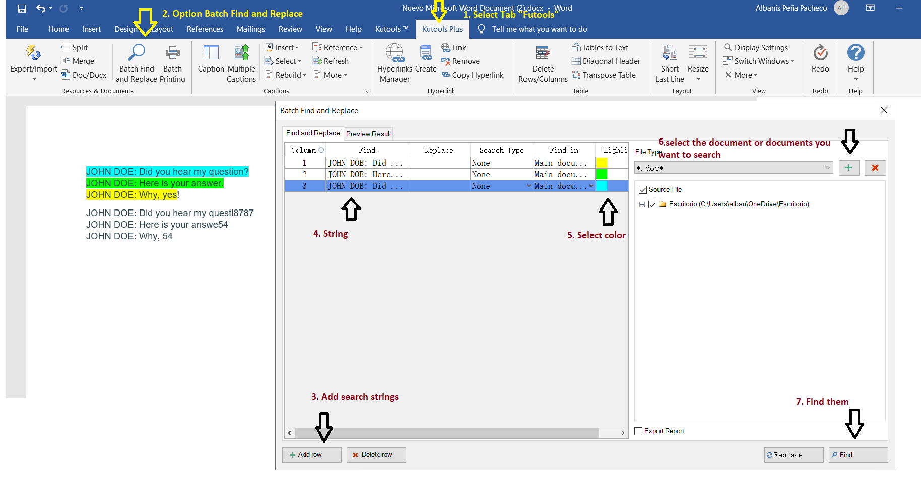 Find multiple strings of text in a Word transcript that all begin with ...
