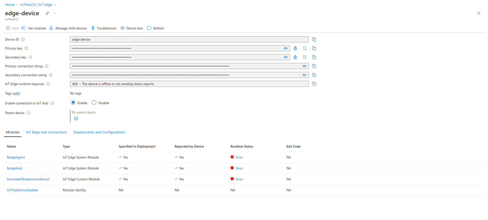 IoT Edge Runtime Response 406: Device Offline or Not Sending Status Reports when Configured with ...
