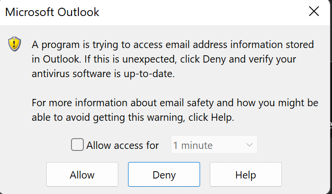 A program is trying to access email address information stored in Outlook - Microsoft Q&A