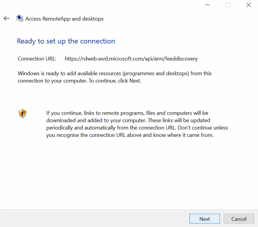 I keep getting this: RemoteApp and Desktop Connections doesn't support this type of connection ...