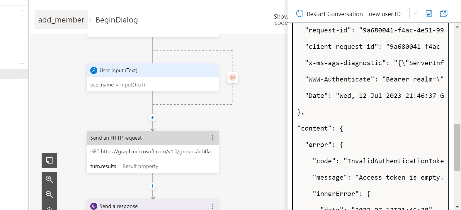 I am trying to add a member to an AAD group with bot framework composer, and while making HTTP ...