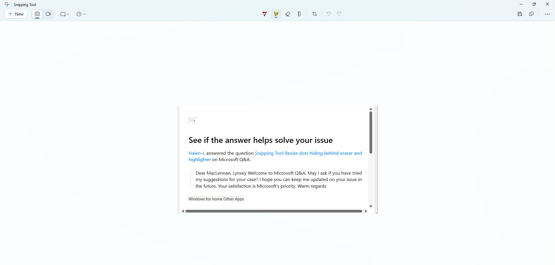 Snipping Tool Resize dots hiding behind eraser and highlighter ...
