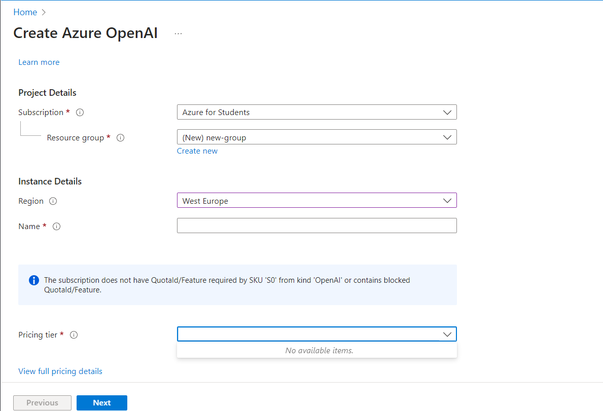 How to fix issue with 'pricing tier' selection when creating an Azure OpenAI resource ...