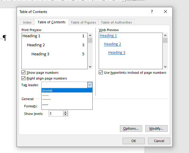 Table of contents, I can't set the tab leader to none - Microsoft Q&A