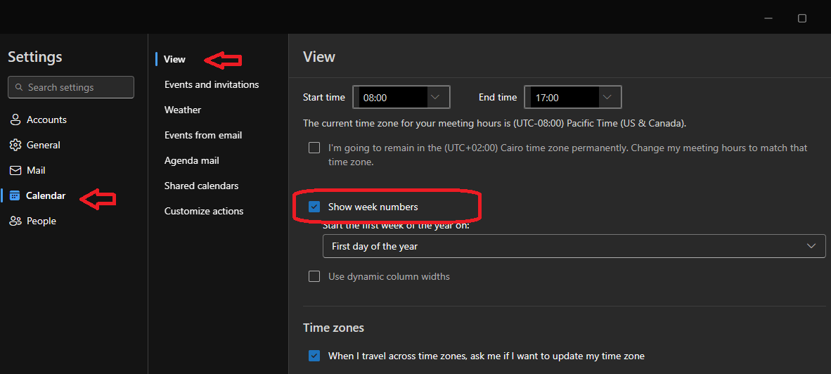 How do I turn on calendar weeks in Outlook New in the calendar in "my ...