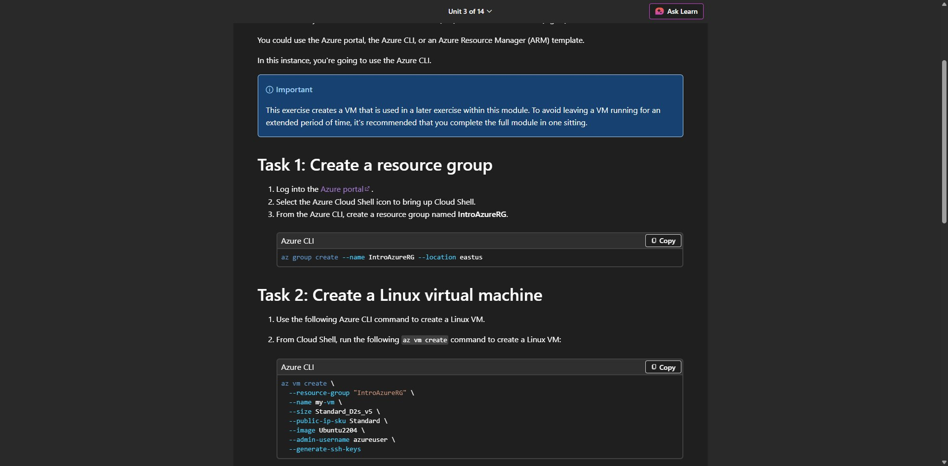 Exercise - Create an Azure virtual machine , error when running the second step - Microsoft Q&A