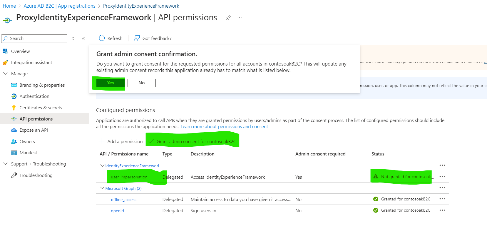 Creating API permissions in Azure AD B2C, status doesn't change to "Granted for ..." - Microsoft Q&A