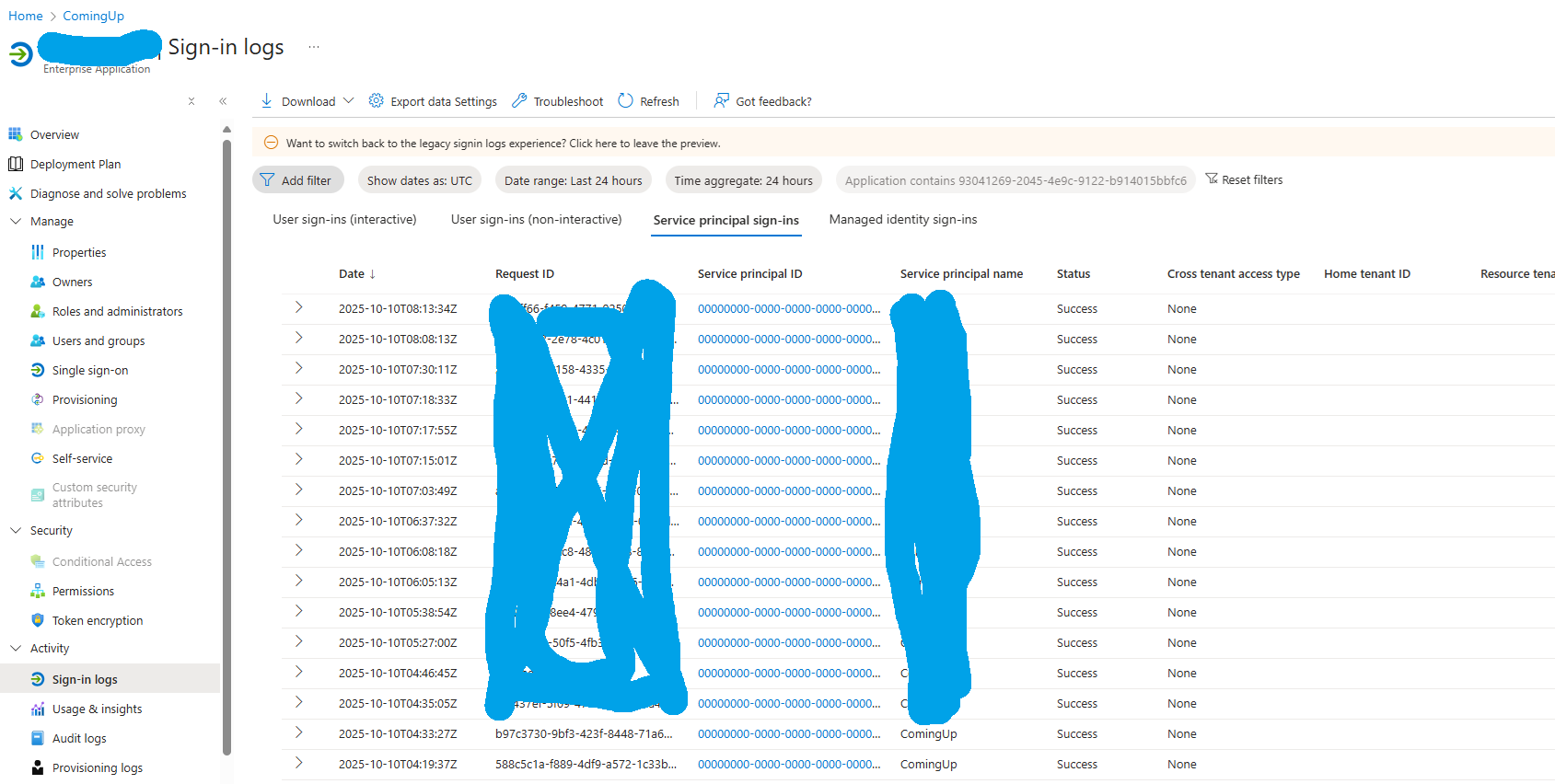 Why the service principal IDs are all zero in the sign-in log ...