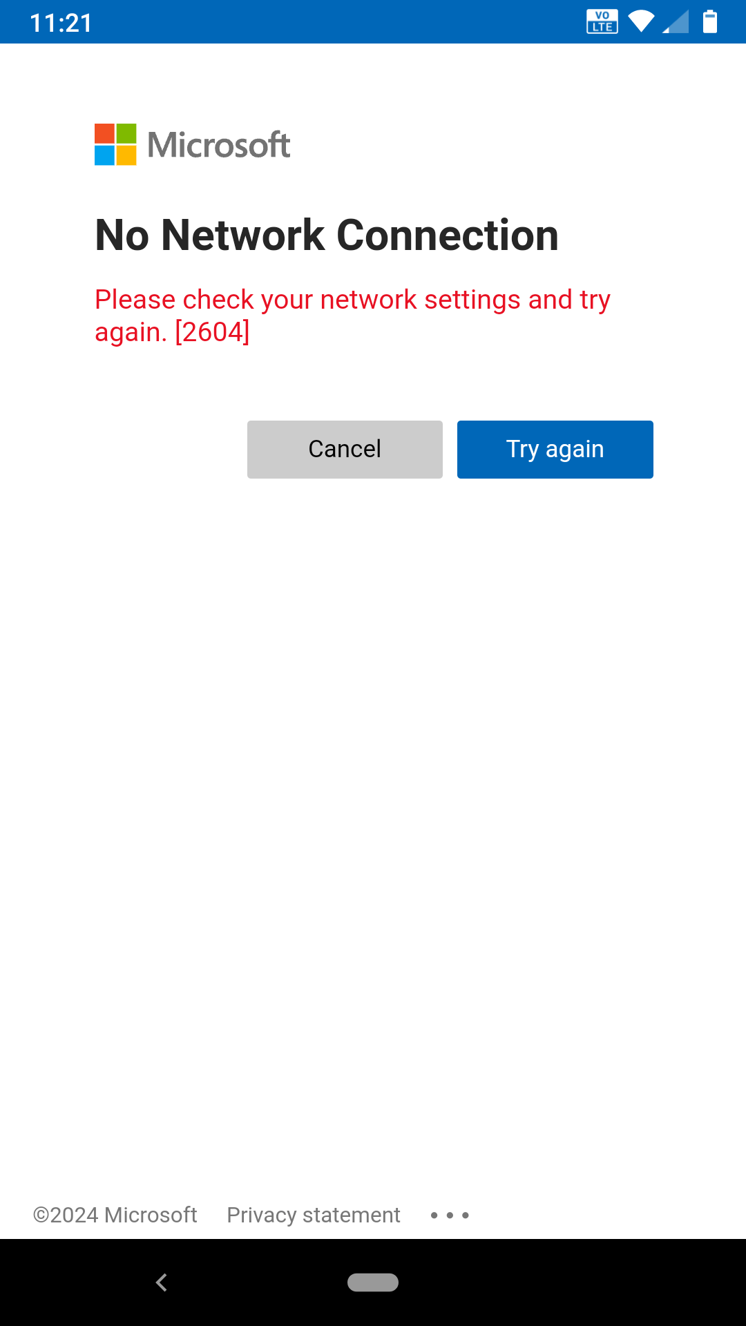 outlook on Android phone comming up error message no network 2604 after ...