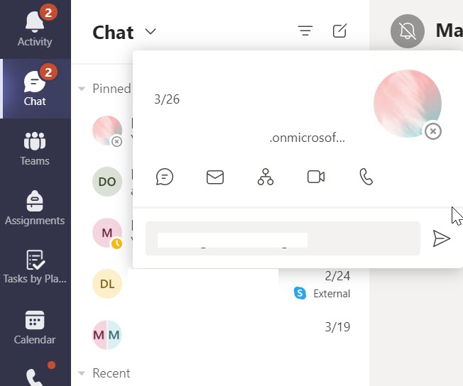 hovering mouse pointer over chat contact in Teams does not show contact ...