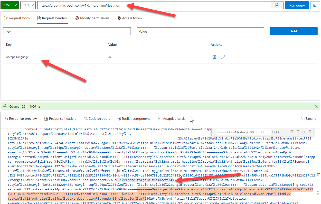 Teams Meeting Join information is always in English if created through the Microsoft Graph API ...