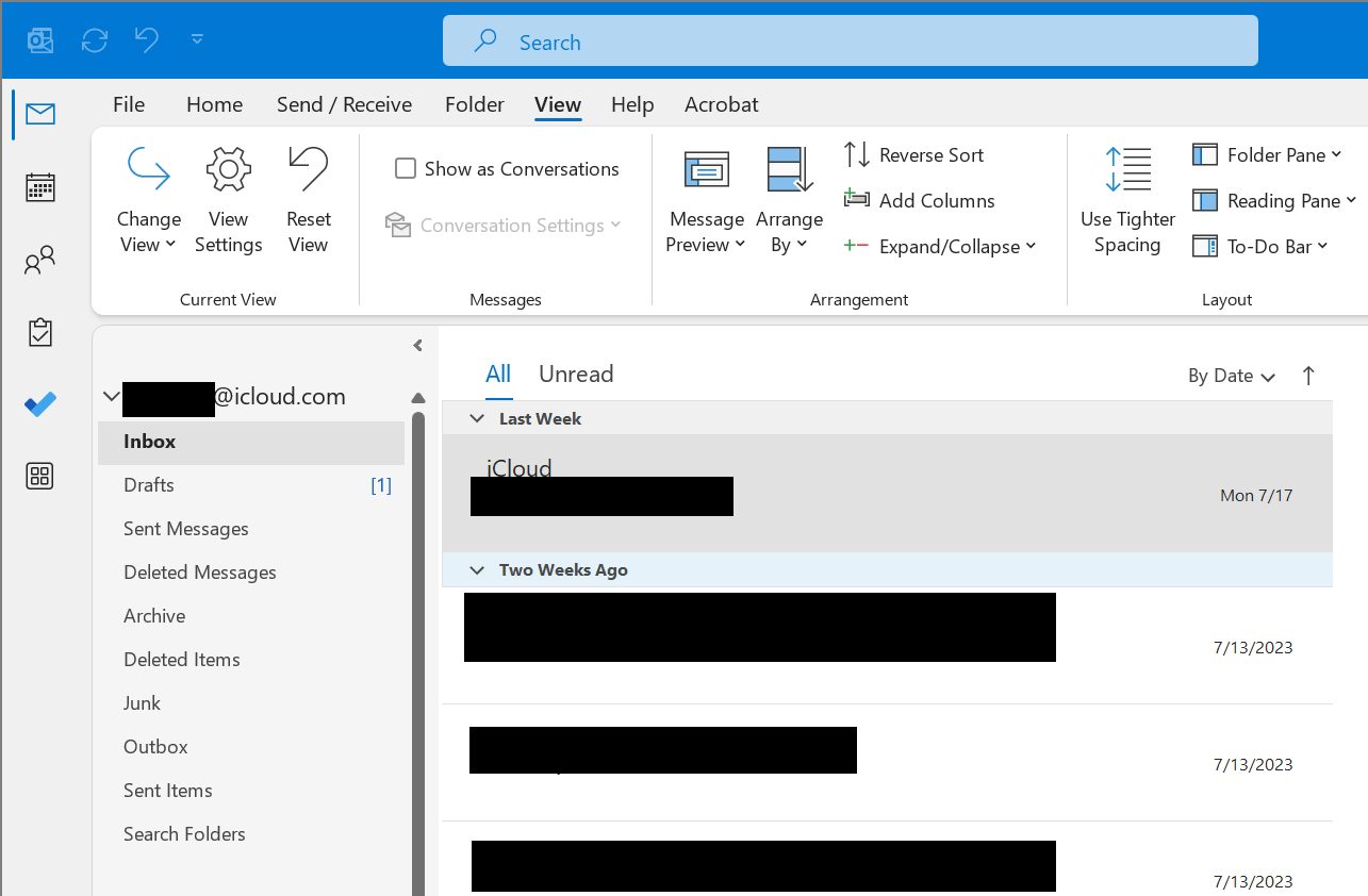 Outlook inbox view has changed for one of my accounts - all other ...