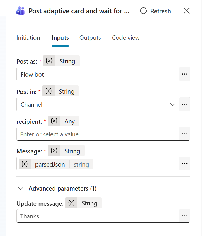 "Post adaptive card and wait for a response" has different inputs options when directly creating ...