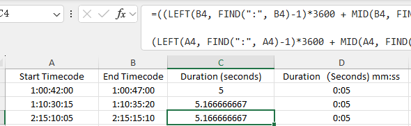 Calculate length of time between two different timecodes (HH:MM:SS:FF ...