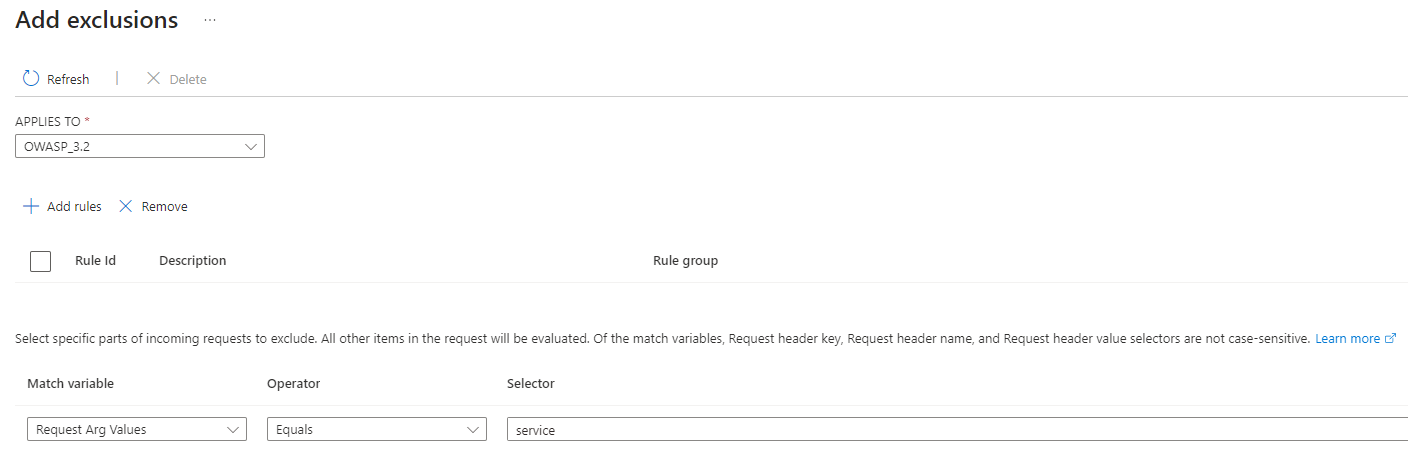 WAF OWASP Exclusion rules Managed Rulesets functioning - Microsoft Q&A WAF OWASP Exclusion rules Managed Rulesets functioning - Microsoft Q&A