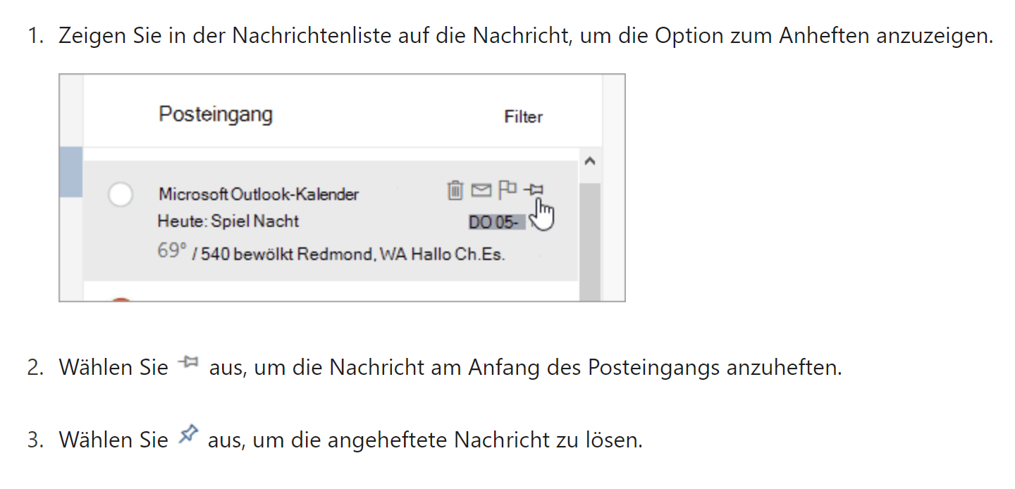 Ich möchte Outlook-Nachrichten anheften, damit diese oben angezeigt ...