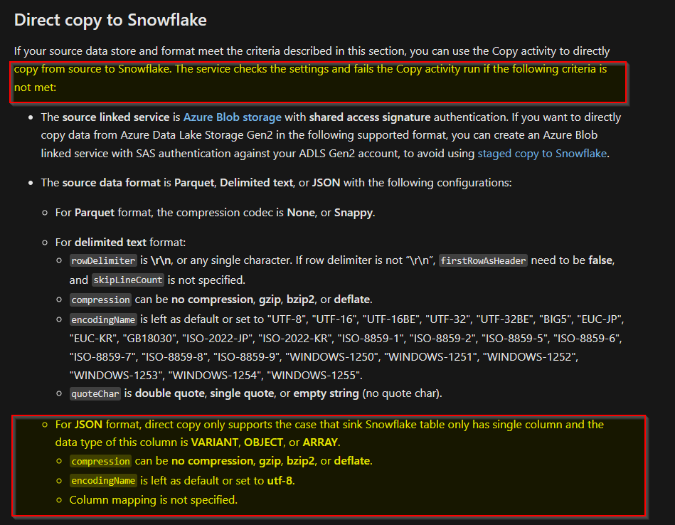 Adf Copy Activity Unable To Write The Json Data In Snowflake Table