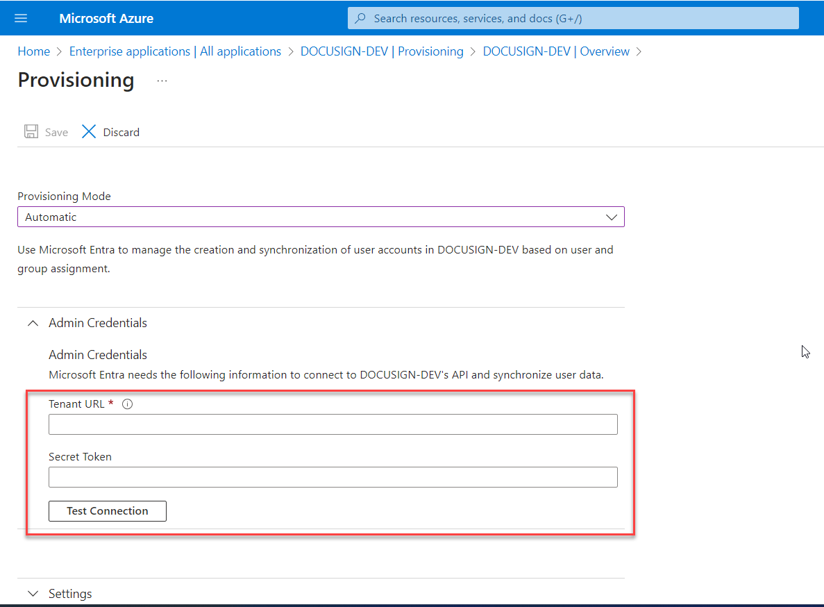 Admin Credentials for SCIM user provisioning integration of DocuSign SaaS application ...