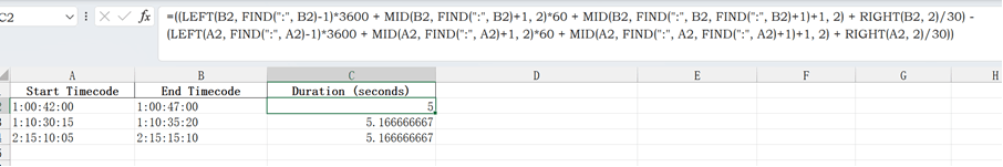 Calculate length of time between two different timecodes (HH:MM:SS:FF ...