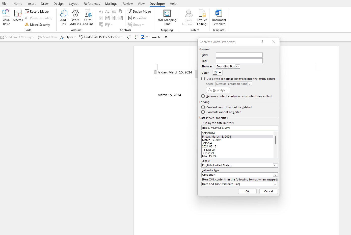 Date Picker Content Control format options - Microsoft Q&A