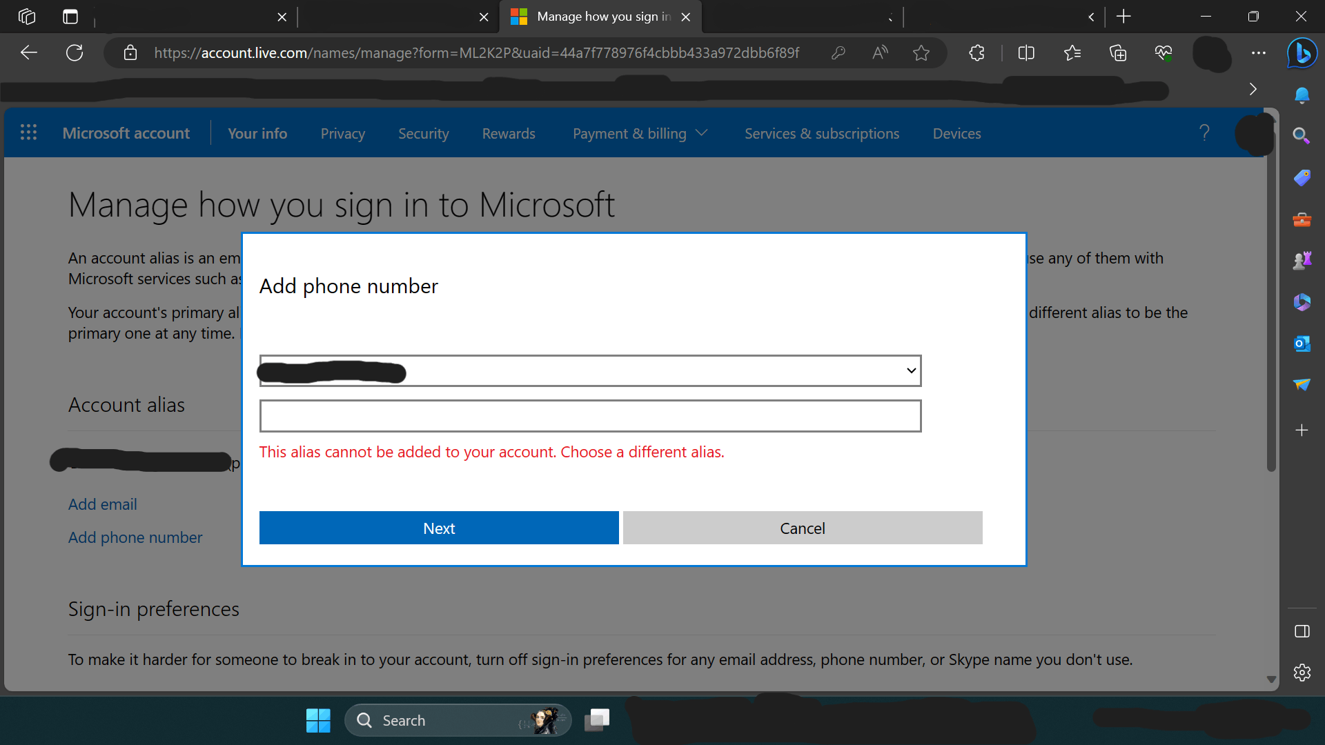 Why can't I add my phone number as an alias? Part 2 - Microsoft Q&A