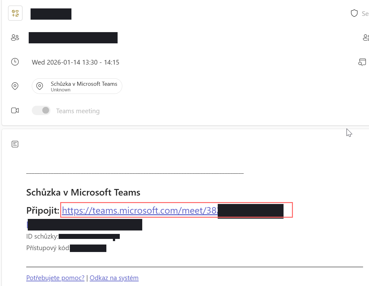 Outlook invite with teams link - visible text shows the full URL ...