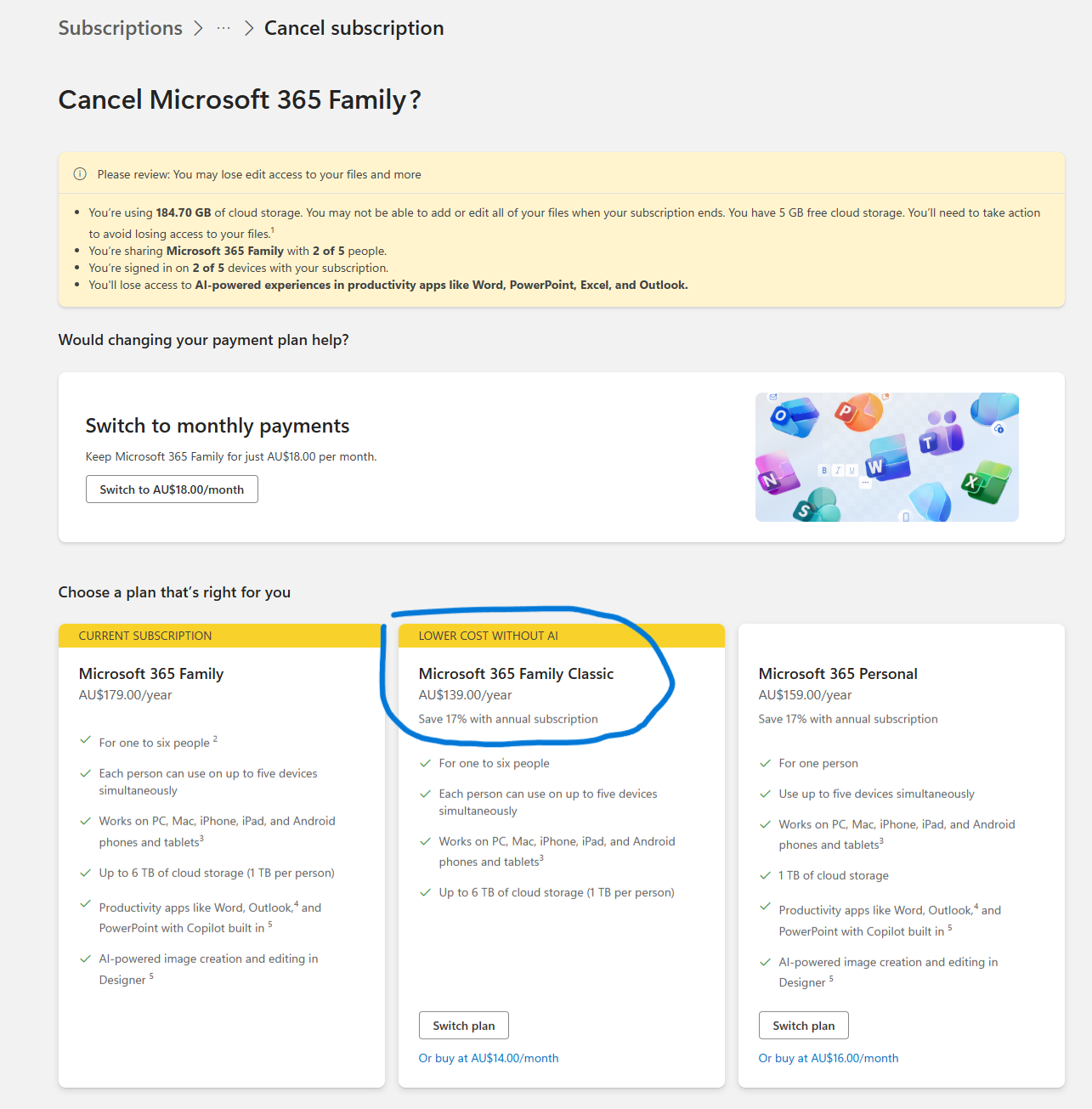 Email from Microsoft to switch to Microsoft 365 Family Classic and get ...