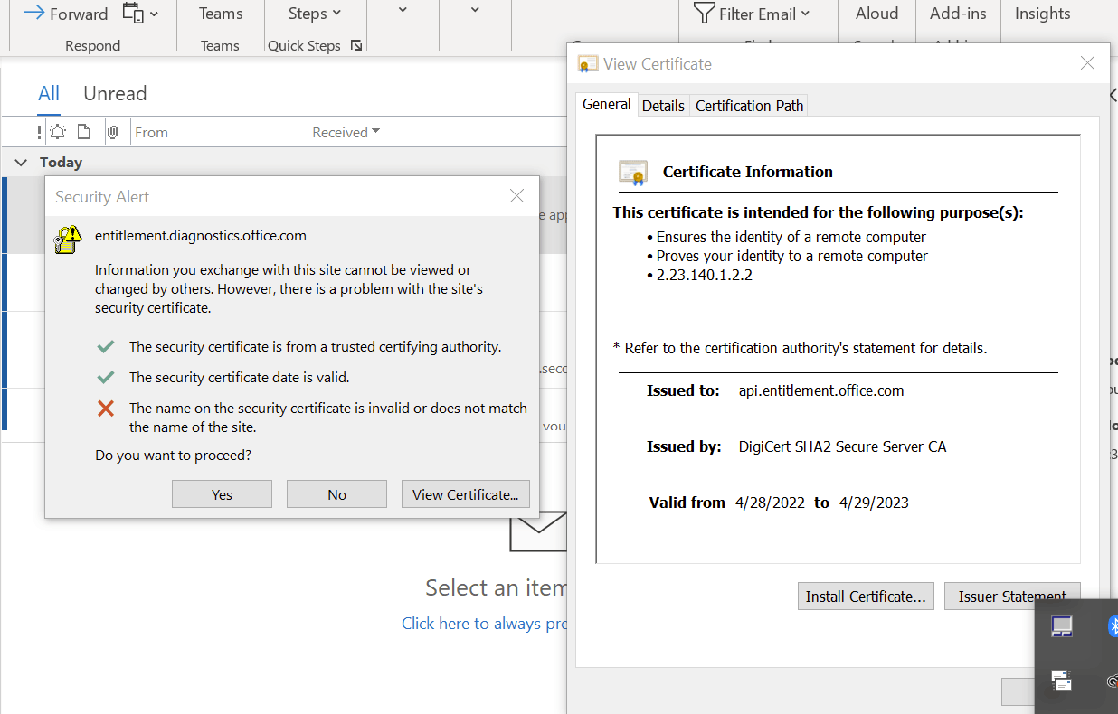 User suddenly getting repeated certificate warning popup in Outlook ...