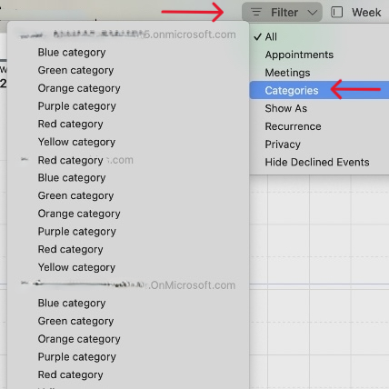 categories for calendar show when I go to "edit categories" but do not ...