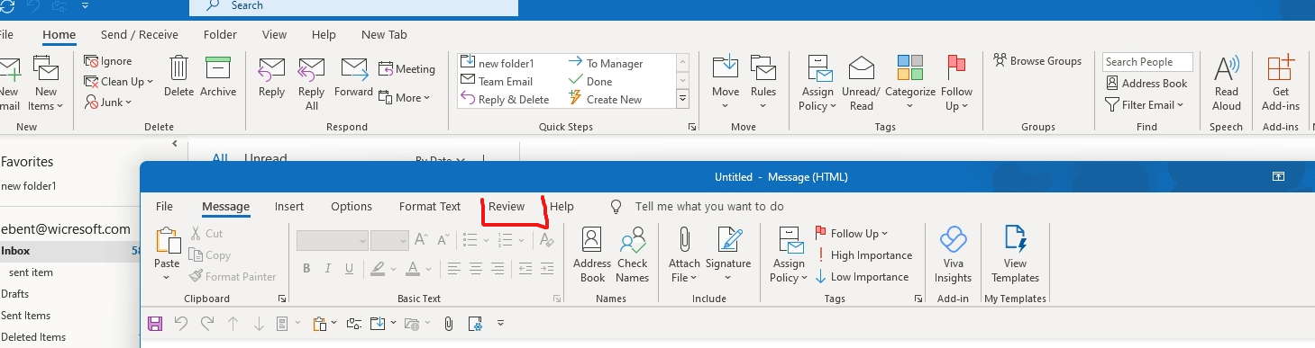 I can't find review, design, layout or reference tabs in outlook mail ...