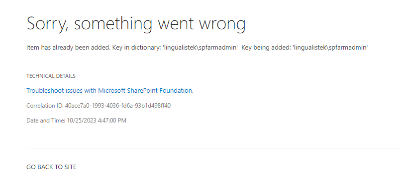 Error - "Item has already been added" when attempting to access configure service accounts and ...