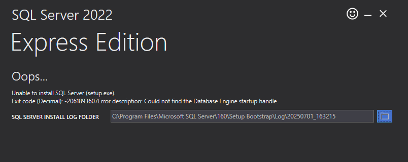Unable to install SQL Server. Exit code (Decimal): -2061893607 ... Unable to install SQL Server. Exit code (Decimal): -2061893607 ...