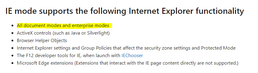 Edge compatibility with IE 11 with different document mode. - Microsoft Q&A