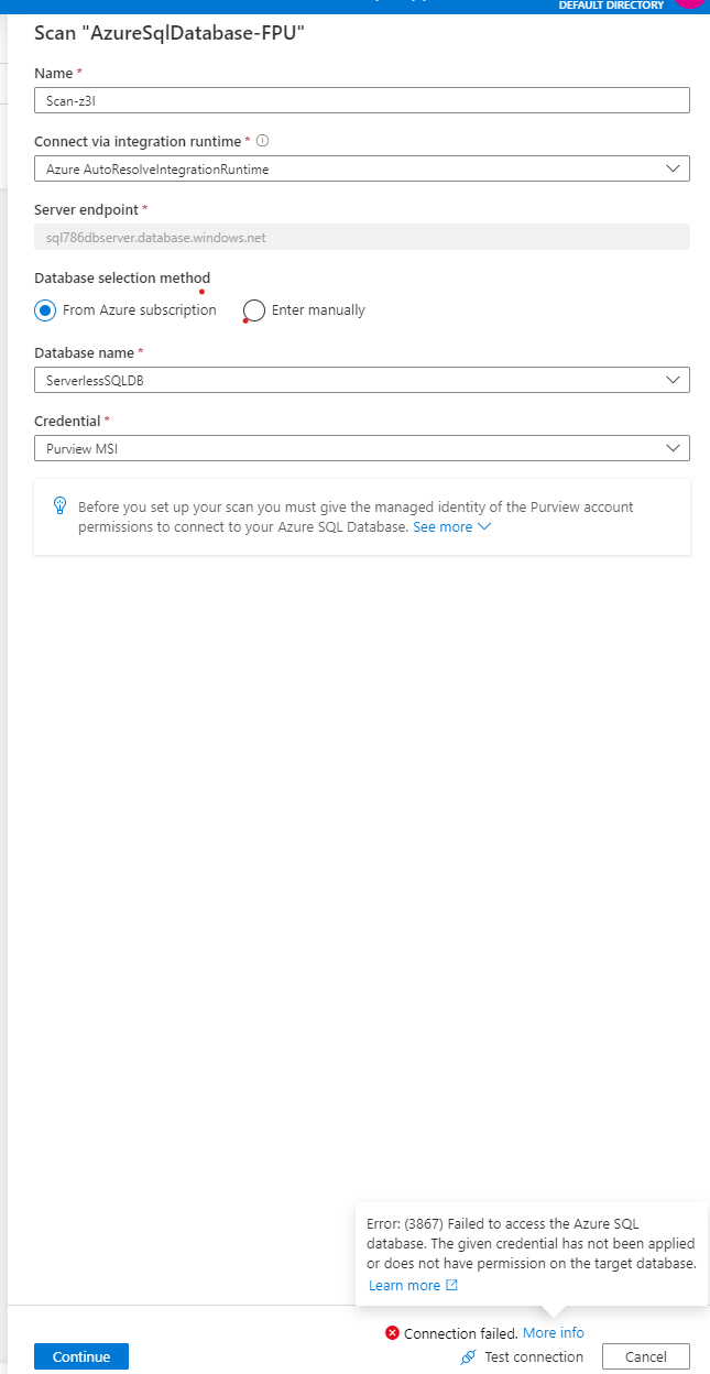 Unable To Scan Azure Sql Server Db In Purview Due To Complicated User Access Process Microsoft Qanda