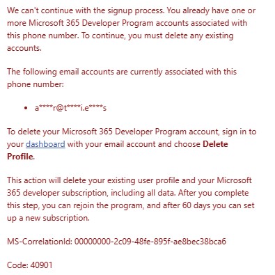 I can not create a Microsoft developer user because of my phone is used in unknown email ...