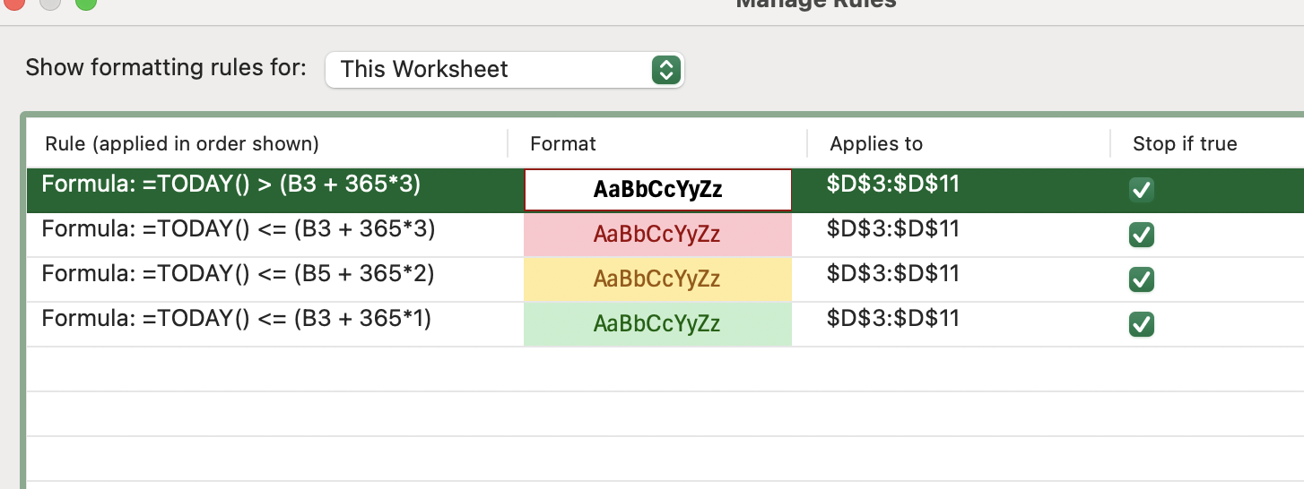 How to fix multi conditional formatting issue-- dates - Microsoft Q&A