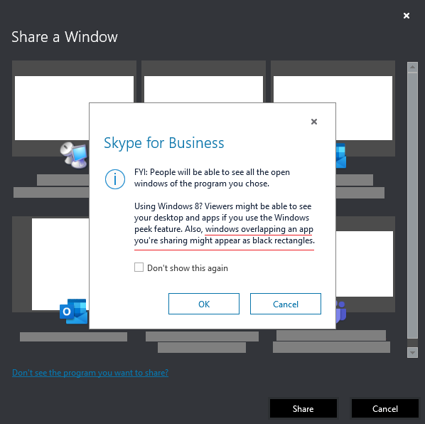Skype for Business 2016 Present Program - black window shows over the ...