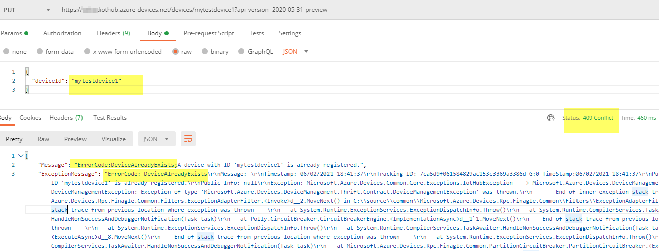 Exception message changed when adding Iot Hub device via Azure function ...