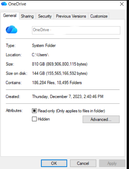 Local Onedrive storage much less than what is reported in online ...