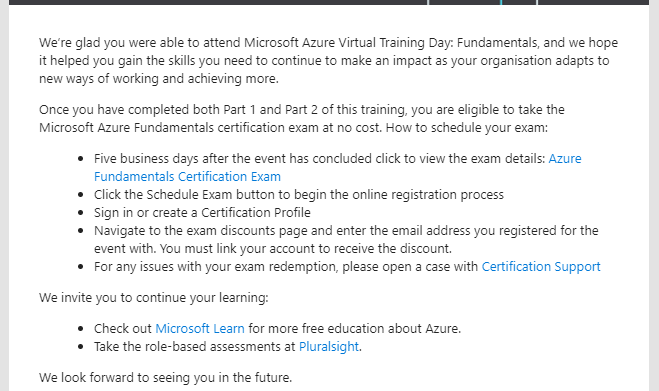 Have not received AZ900 Voucher after completing the Virtual Training ...