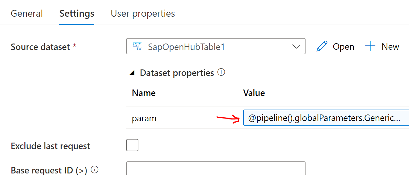Unable To Use Global Parameters Inside Json Of A Sap Open Hub Linked