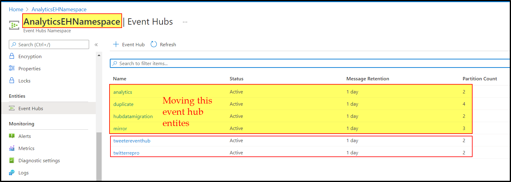 EventHubs - moving event hubs entities from one namespace to another ...