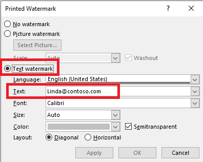I want to add user email id on watermark within microsoft outlook email ...