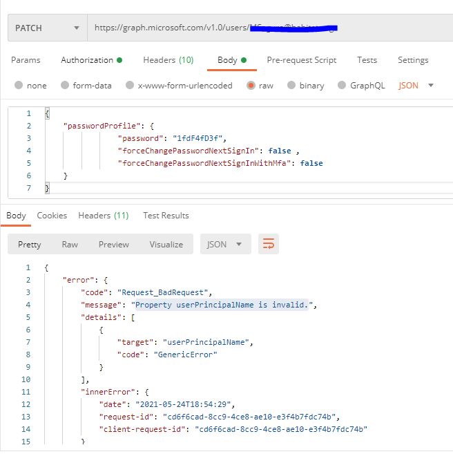 UserPrincipleName is invalid when try to update passwordProfile ...