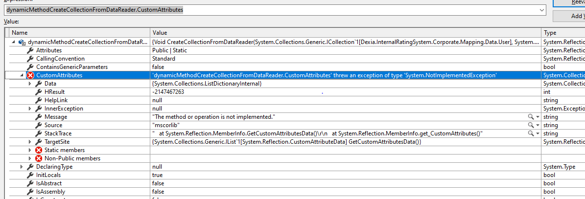 Delegates Customattributes Method Threw An Exception Of Type Systemnotimplementedexception