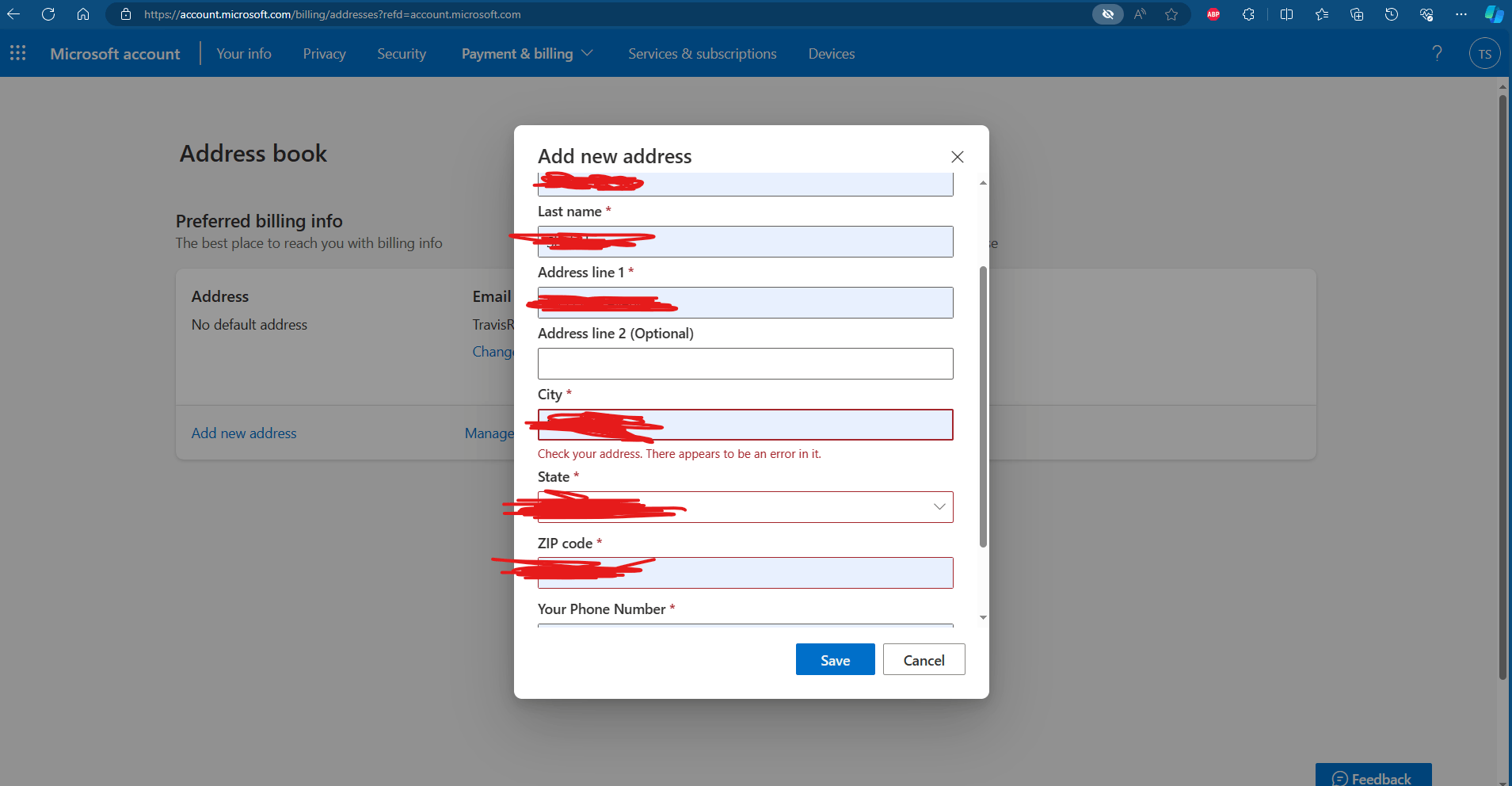 Trying to set an Address and keep getting this error message under the ...