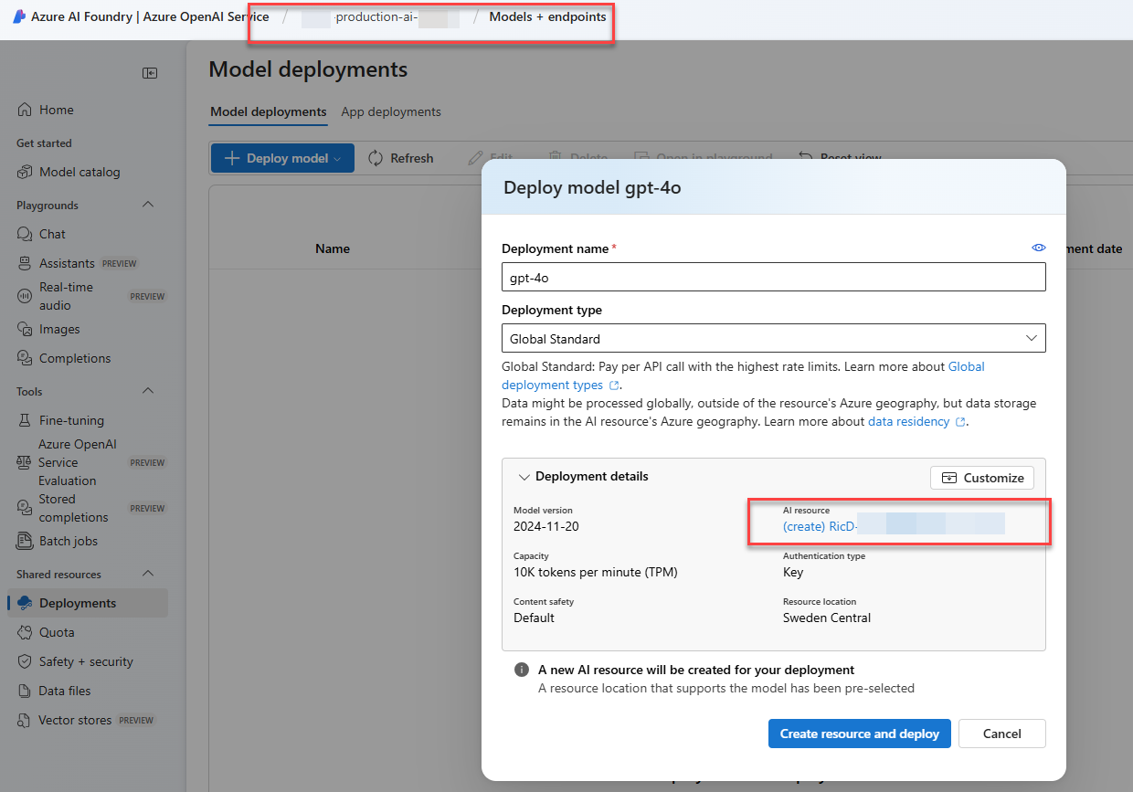 Trying to create a new Deployment Model under specific Azure OpenAI but its being created to a ...